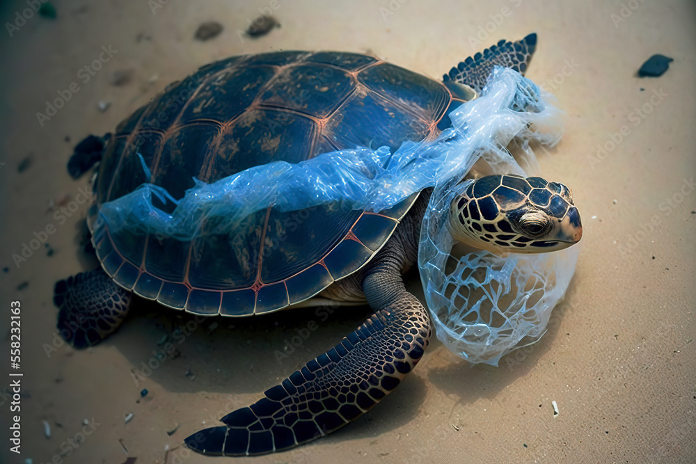 Foto de Stock Turtle's Struggle to Survive with a Plastic Bag Entangled ...