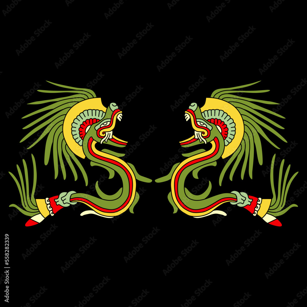 Symmetrical design with two fantastic animals. Quetzalcoatl Feathered ...