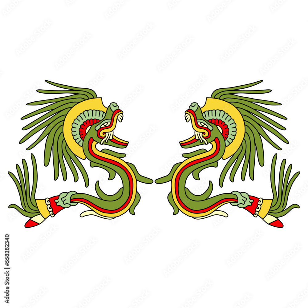 Symmetrical design with two fantastic animals. Quetzalcoatl Feathered ...