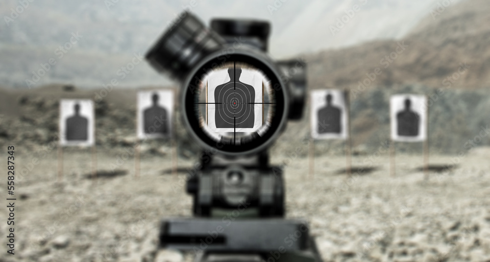 Sniper rifle scoping target view, image of a rifle scope sight used for aiming with a sniper ...