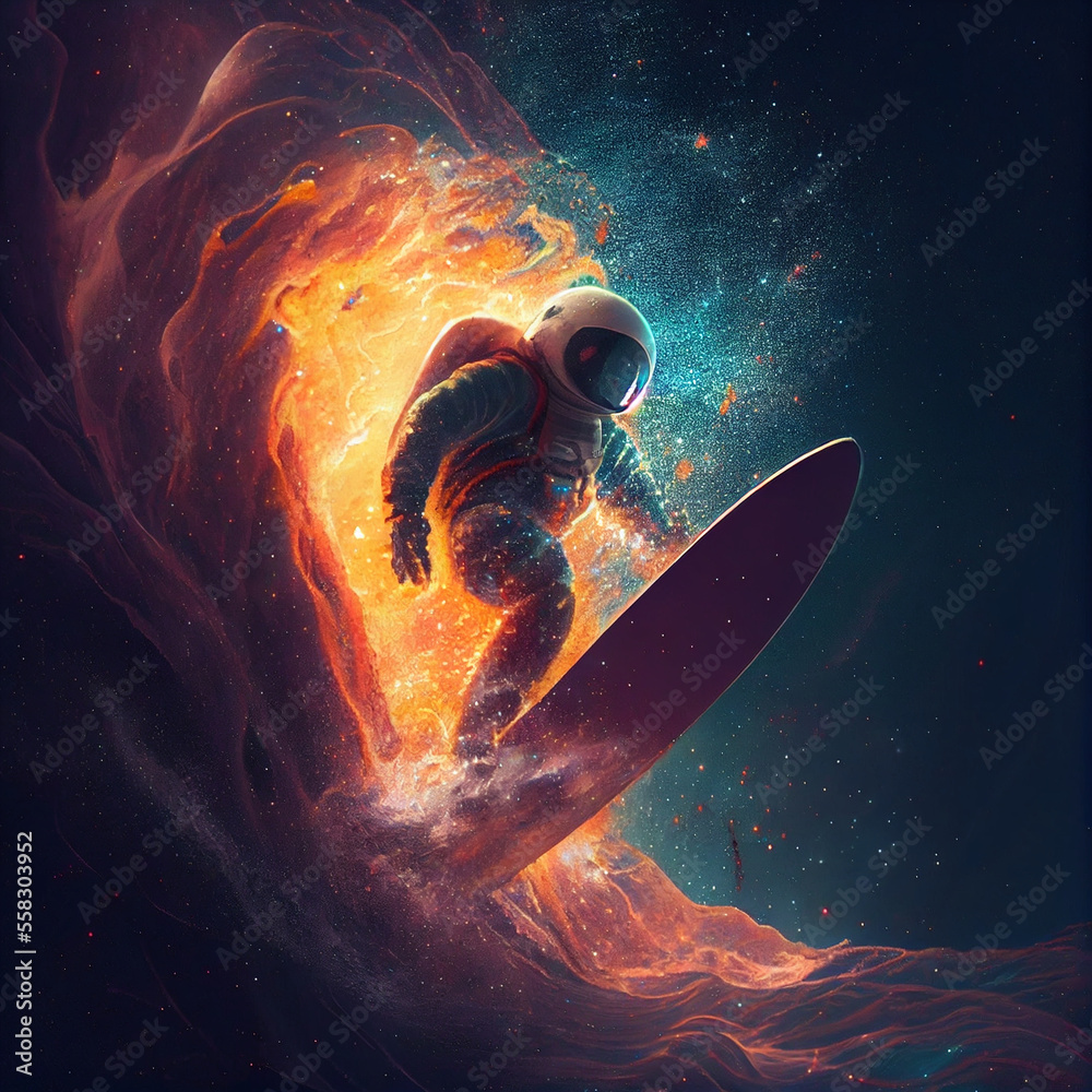 astronauts surf on a surfboard in space with stars, planets, generative ...