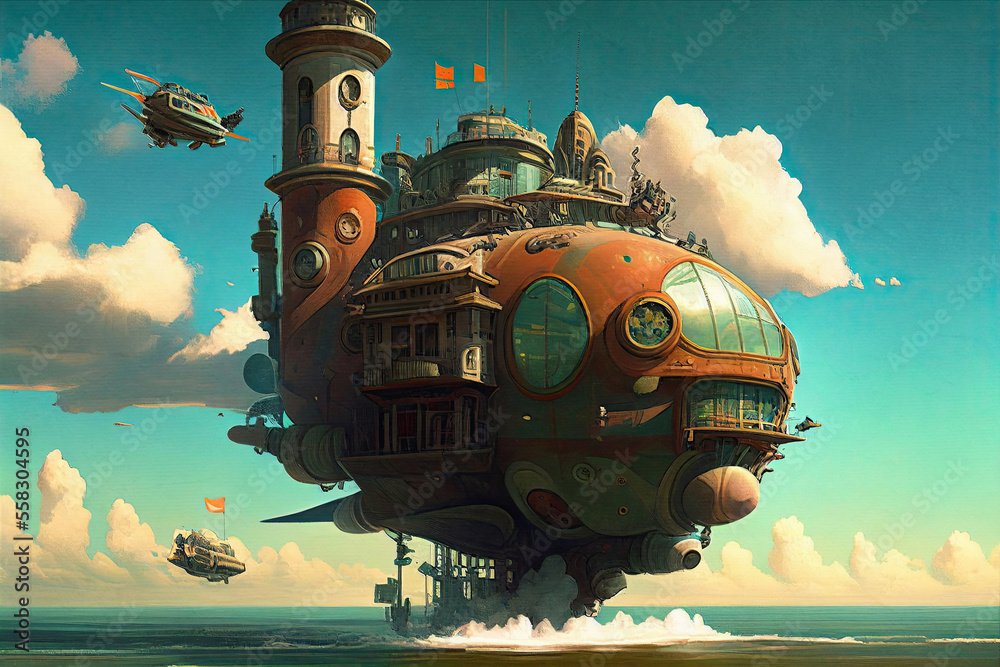 A large flying machine floats above the surface of the water, steampunk ...
