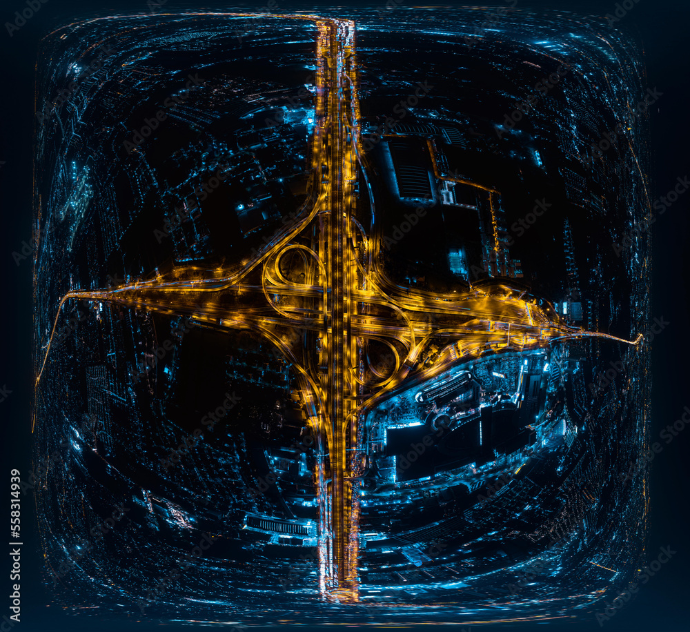 360 Degree square panorama of Modern Multilevel Motorway Junction with ...