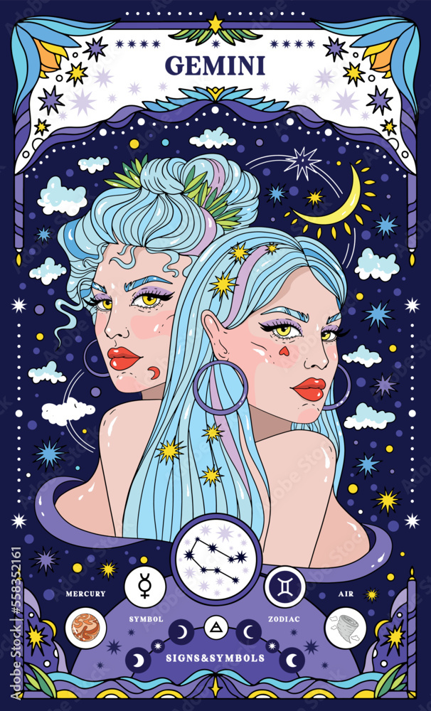 Gemini sign of the zodiac. Modern magical astrological map. Magical ...