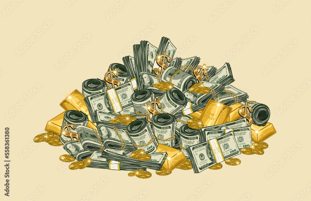 Big pile, heap of cash money, gold ingots, coins. Colorful vintage ...