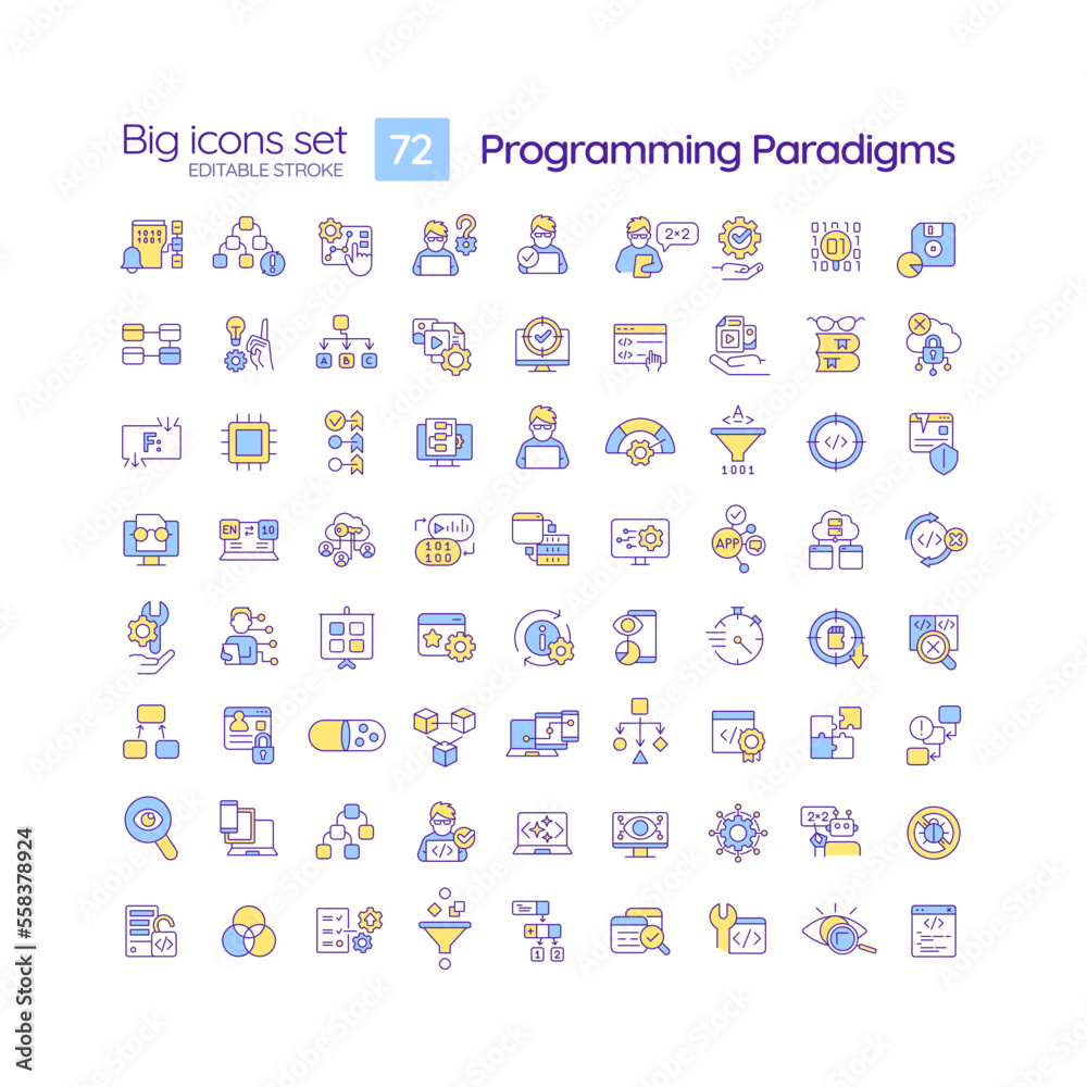 Programming language paradigms RGB color icons set. Software development. Coding. Computer ...