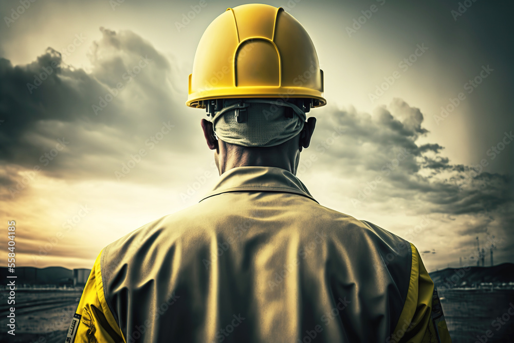 An engineer who wears with fully safety PPE is standing in front of the ...