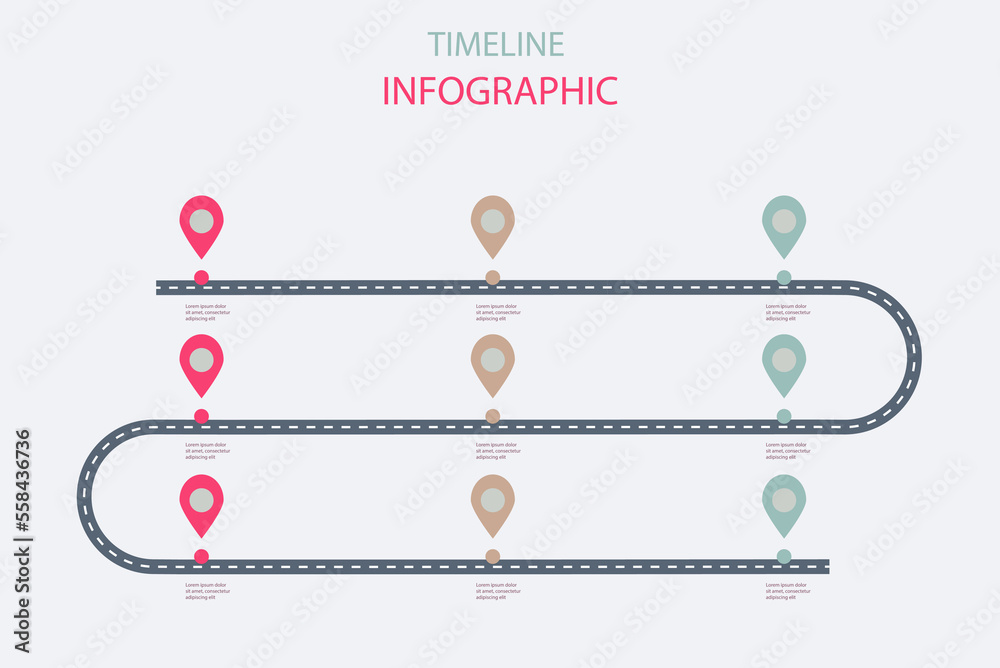 Road map business timeline infographic with 9 pointers. Can be used for ...