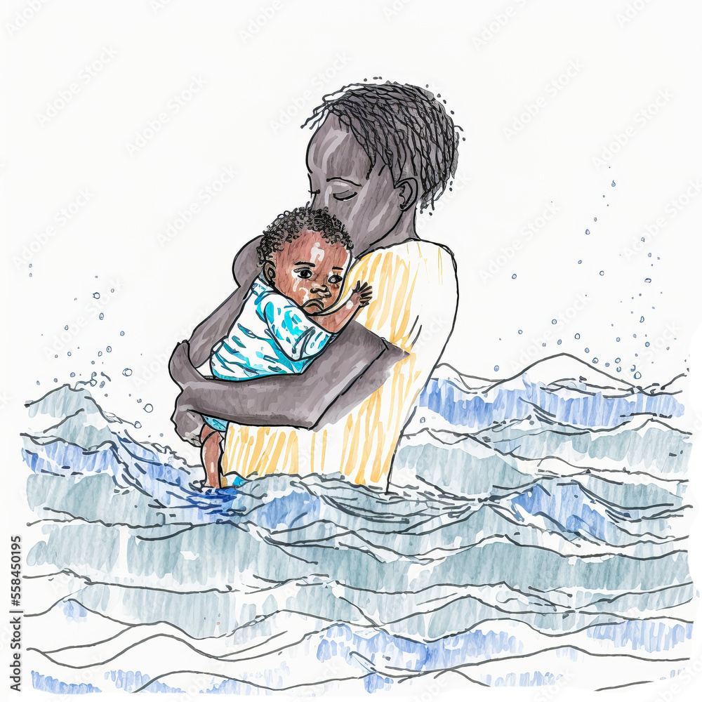 African mother rescuing her child from danger. Artistic and emotive ...