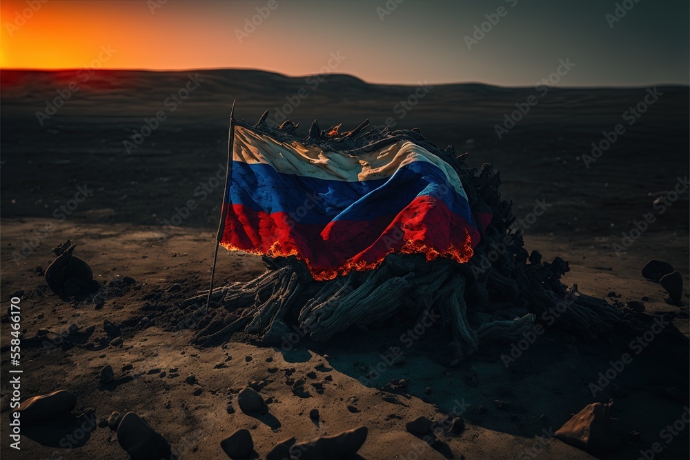 Flag of Russia burning in war, crisis, forest fire, collapse, defeat in ...