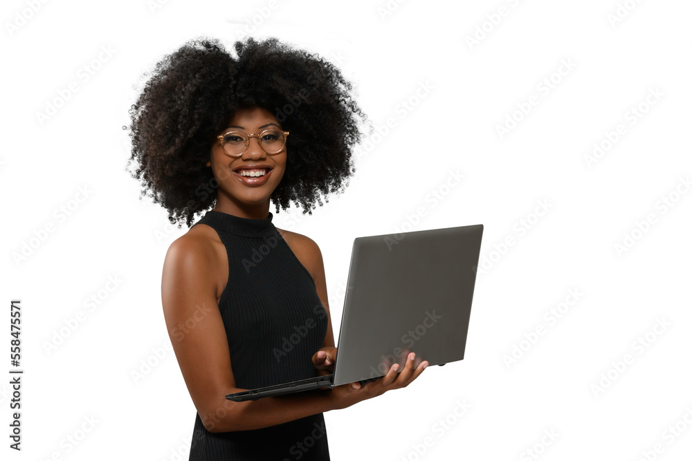 woman holding laptop computer typing on keyboard looking at camera ...