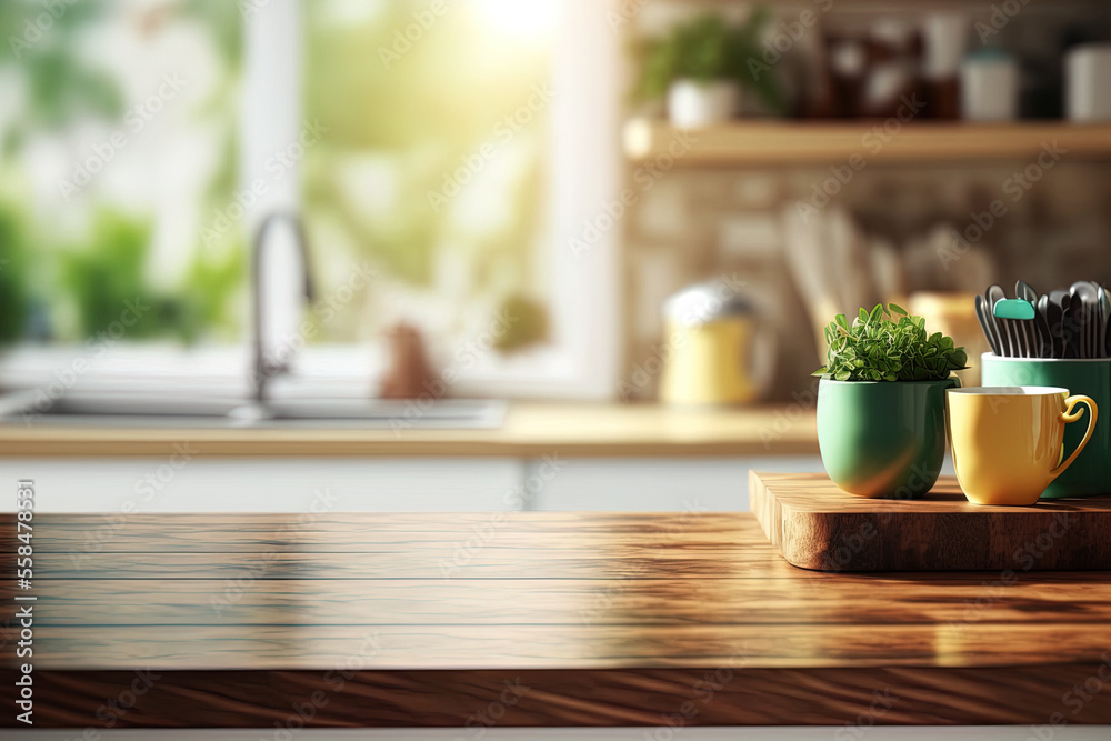 Wood table top in background of blurry kitchen counter. for montage ...