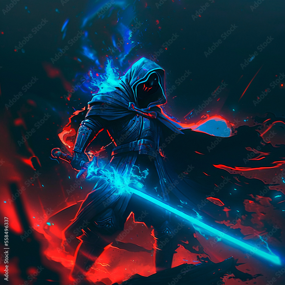 Mysterious black knight with a flaming sword in anime style. High ...