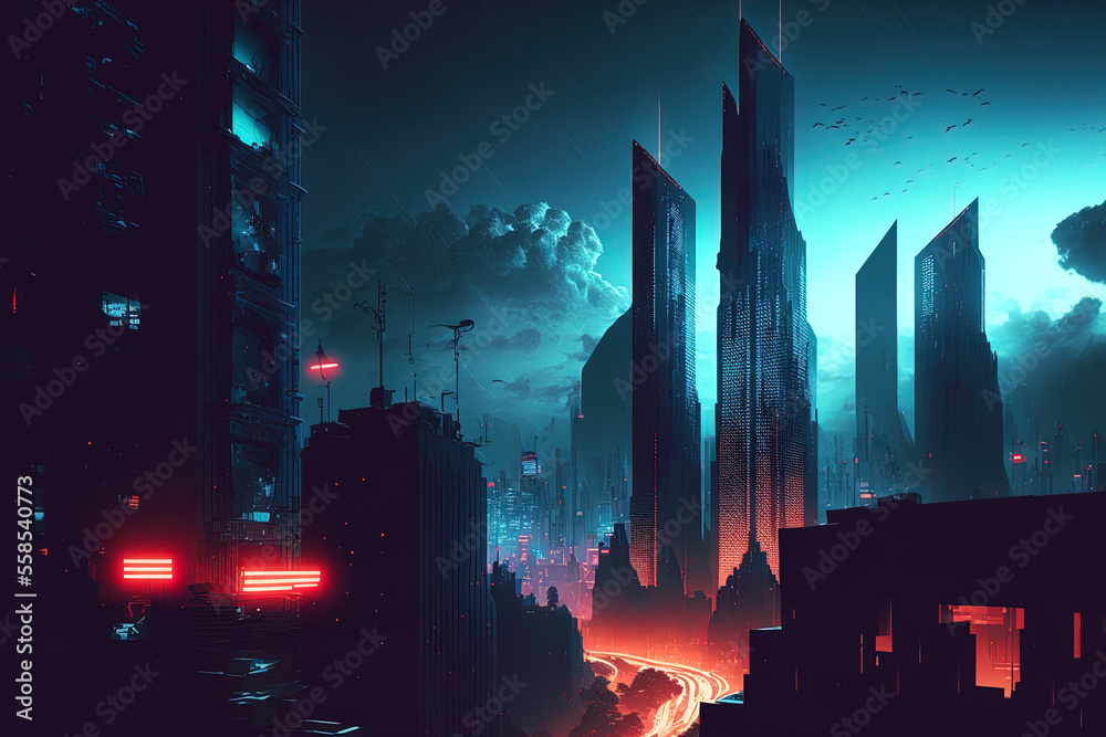 Cyberpunk night city landscape concept image. The setting is gloomy yet ...