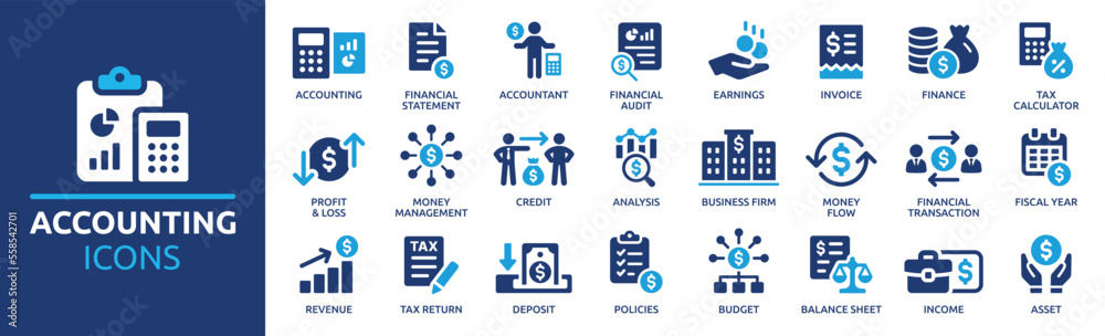 Accounting icon set. Containing financial statement, accountant ...