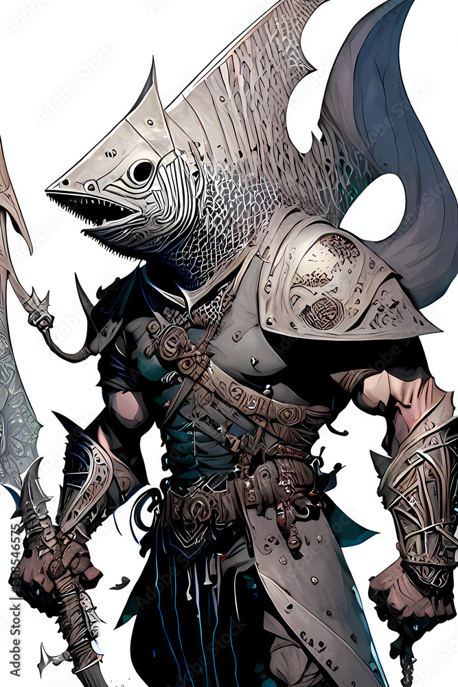 A fantasy board game card/colouring book page: A shark-man amphibian ...