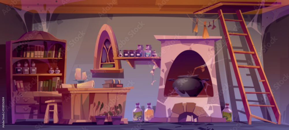 Abandoned potions shop interior with dust and cobweb on furniture ...