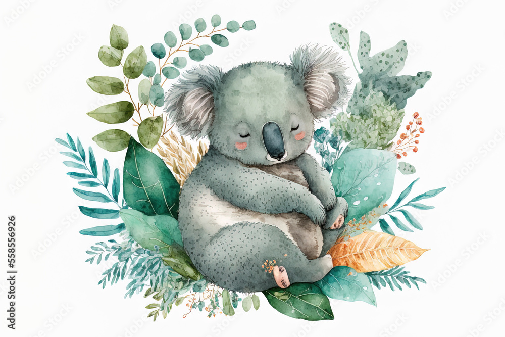 electronic watercolor Koala napping in a lovely cartoon style, isolated ...
