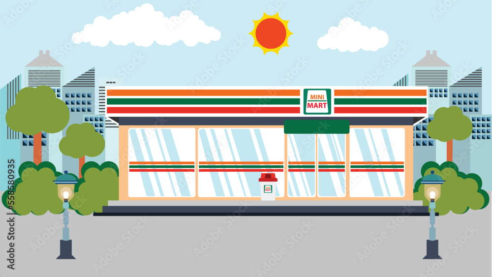 Minimart or Supermarket convenience store open 24 hours.city background ...