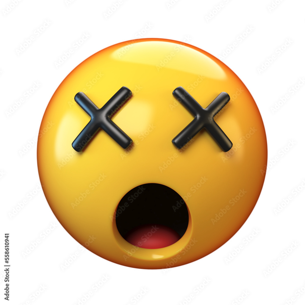 Dead face emoji isolated on white background, cross eyes emoticon 3d ...