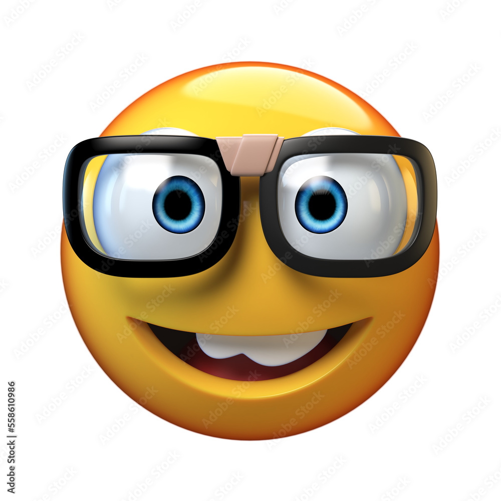 Nerd emoji isolated on white background, emoticon with glasses 3d ...