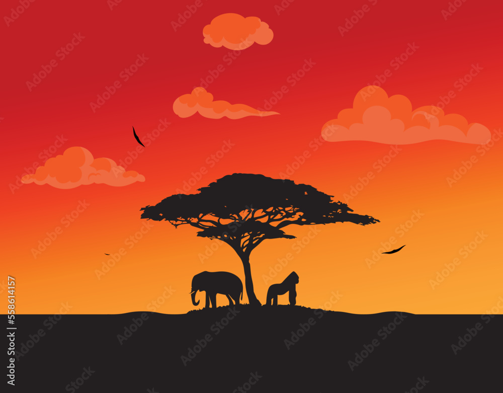 Image vectorielle Stock animal, por-do-sol, vida selvagem, savana ...