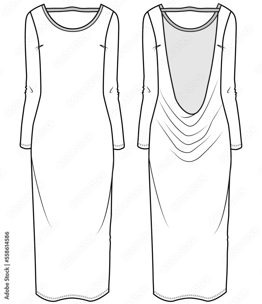 womens long sleeve draped back maxi dress flat sketch vector illustration front and back view ...