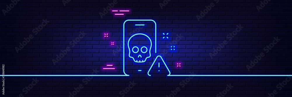 Neon light glow effect. Cyber attack line icon. Ransomware threat sign ...