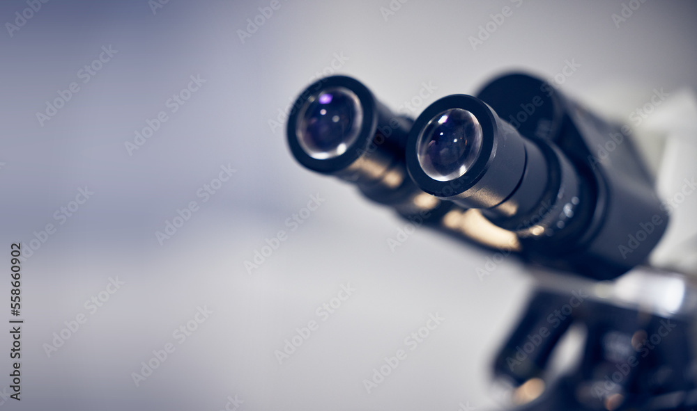 Microscope, science and mockup with tools in lab for scientific ...