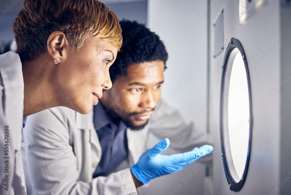 Science, man and woman in laboratory, research and test sample for cure ...