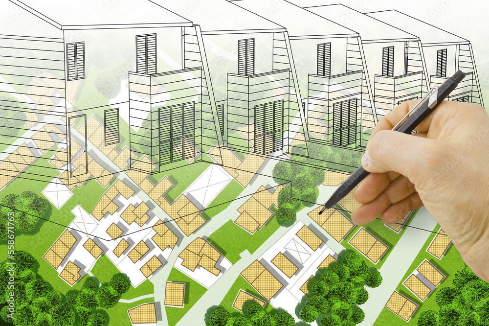 Architect drawing a residential building over an imaginary cadastral ...