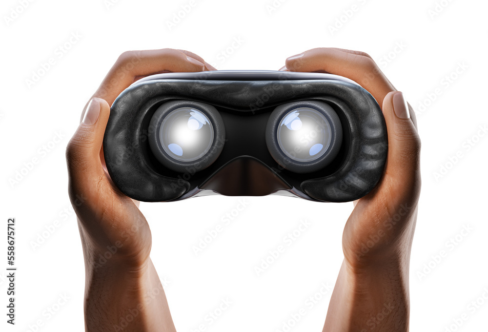 Vr goggles in hands, transparent PNG background and eye lenses with ...