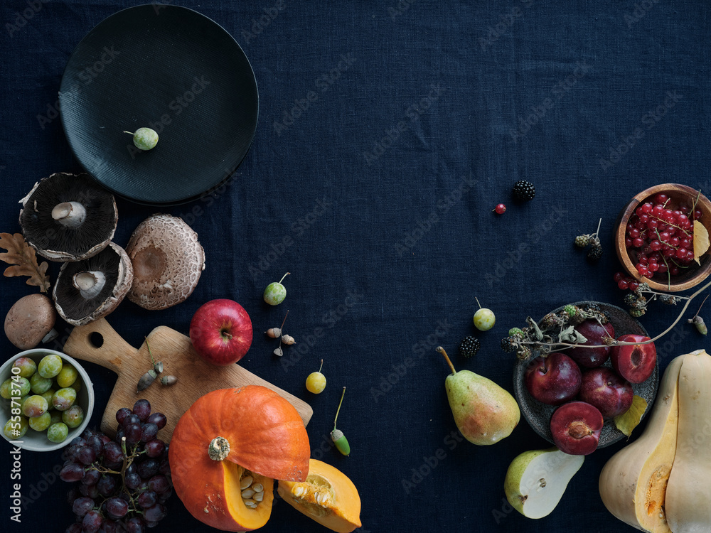 Flatlay fall produce top view. Autumn vegan cooking ingredients ...