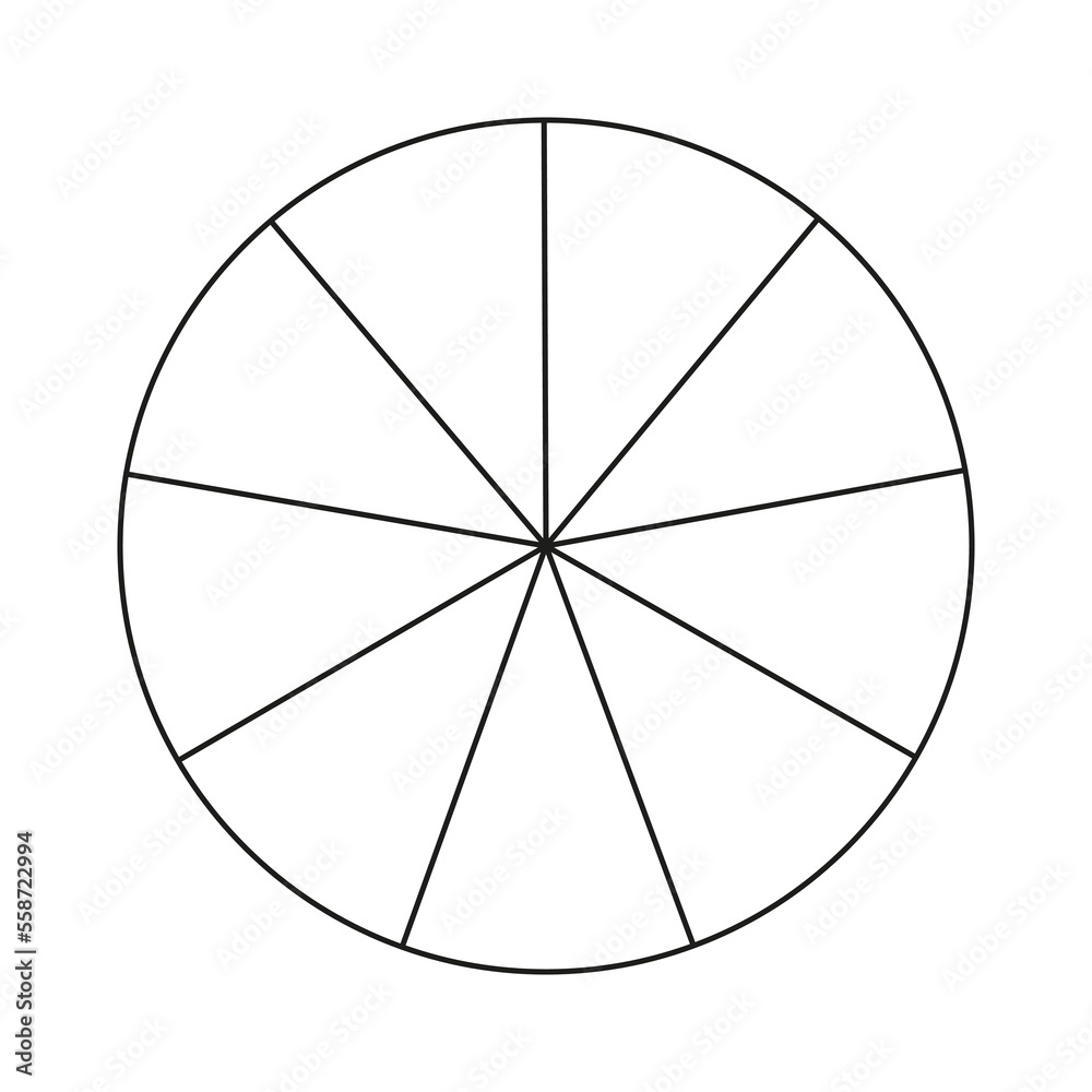 Circle divided in 9 segments. Pizza or pie round shape cut in equal slices. Outline style ...
