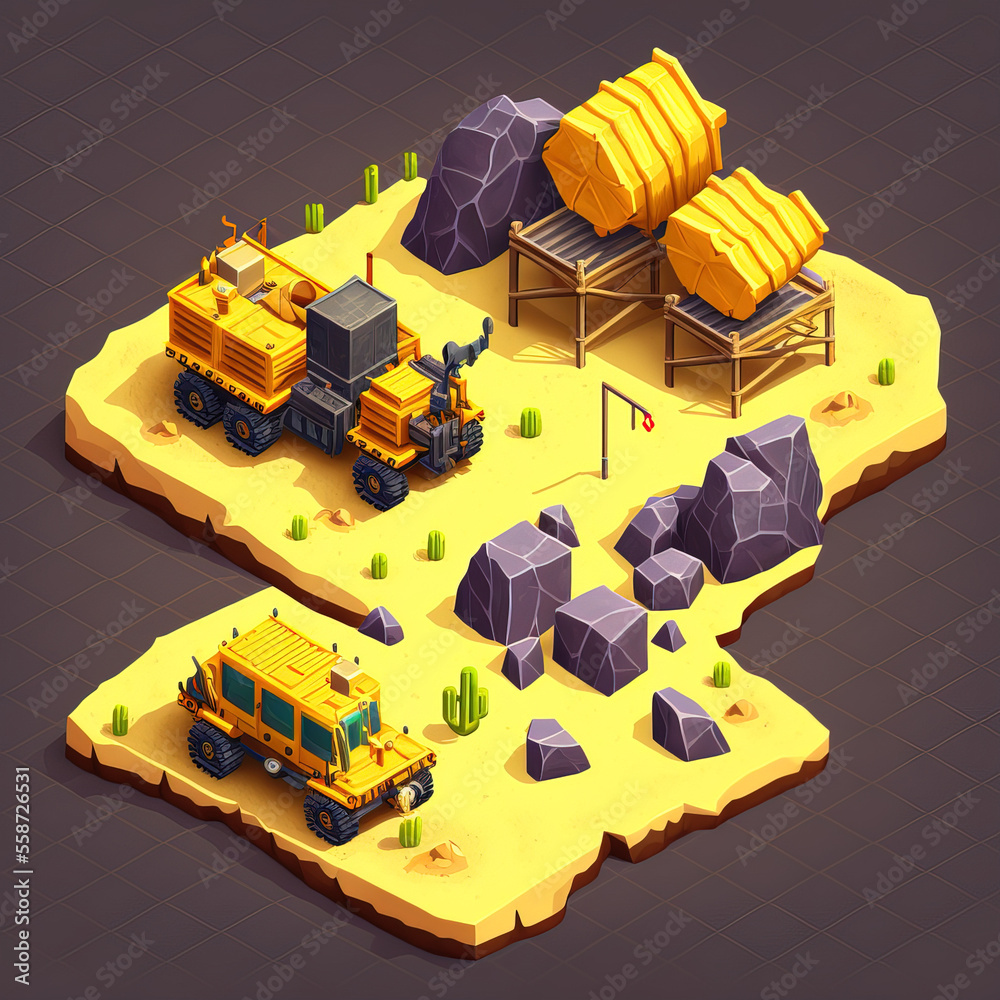 Isometric mining quarry, heavy-duty truck and a mining excavator ...