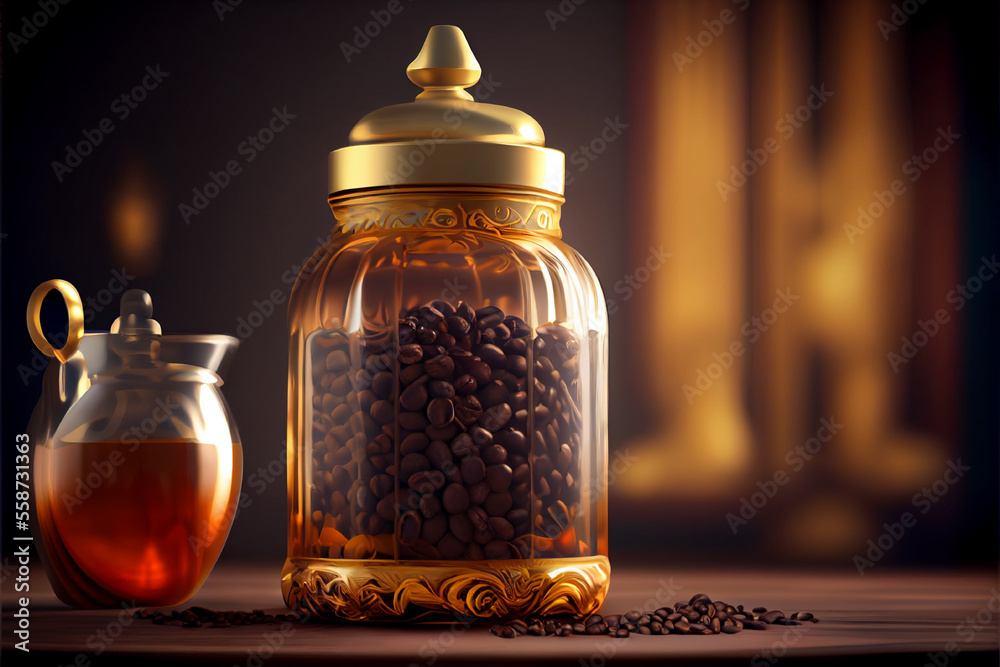 Beautiful glass jar of premium coffee beans | Royal background | Hyper ...