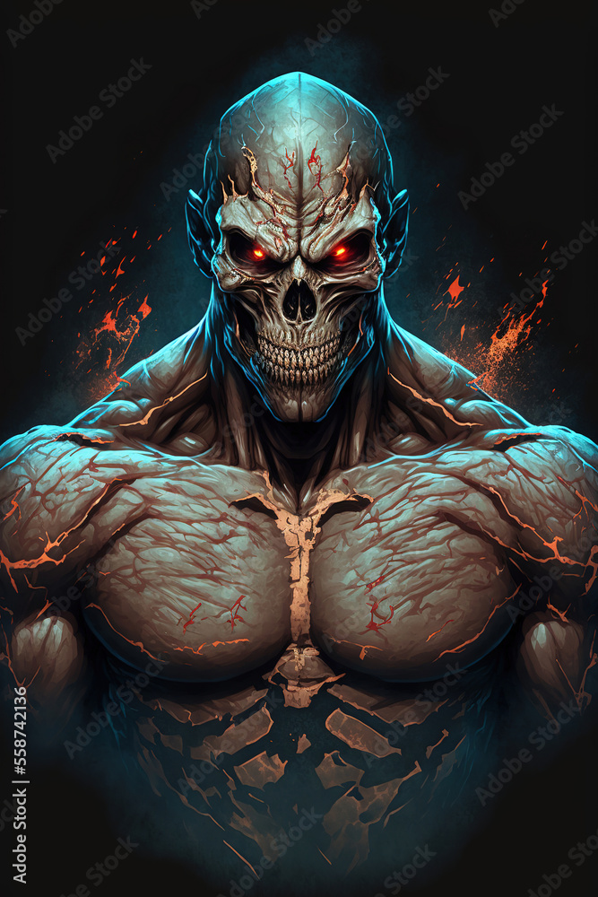 monster with huge muscles, horror, skull, character, comics, art ...
