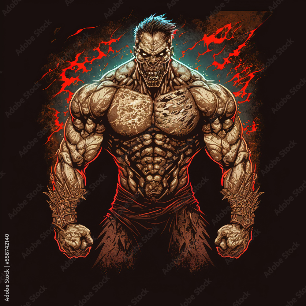 monster with huge muscles, horror, skull, character, comics, art ...
