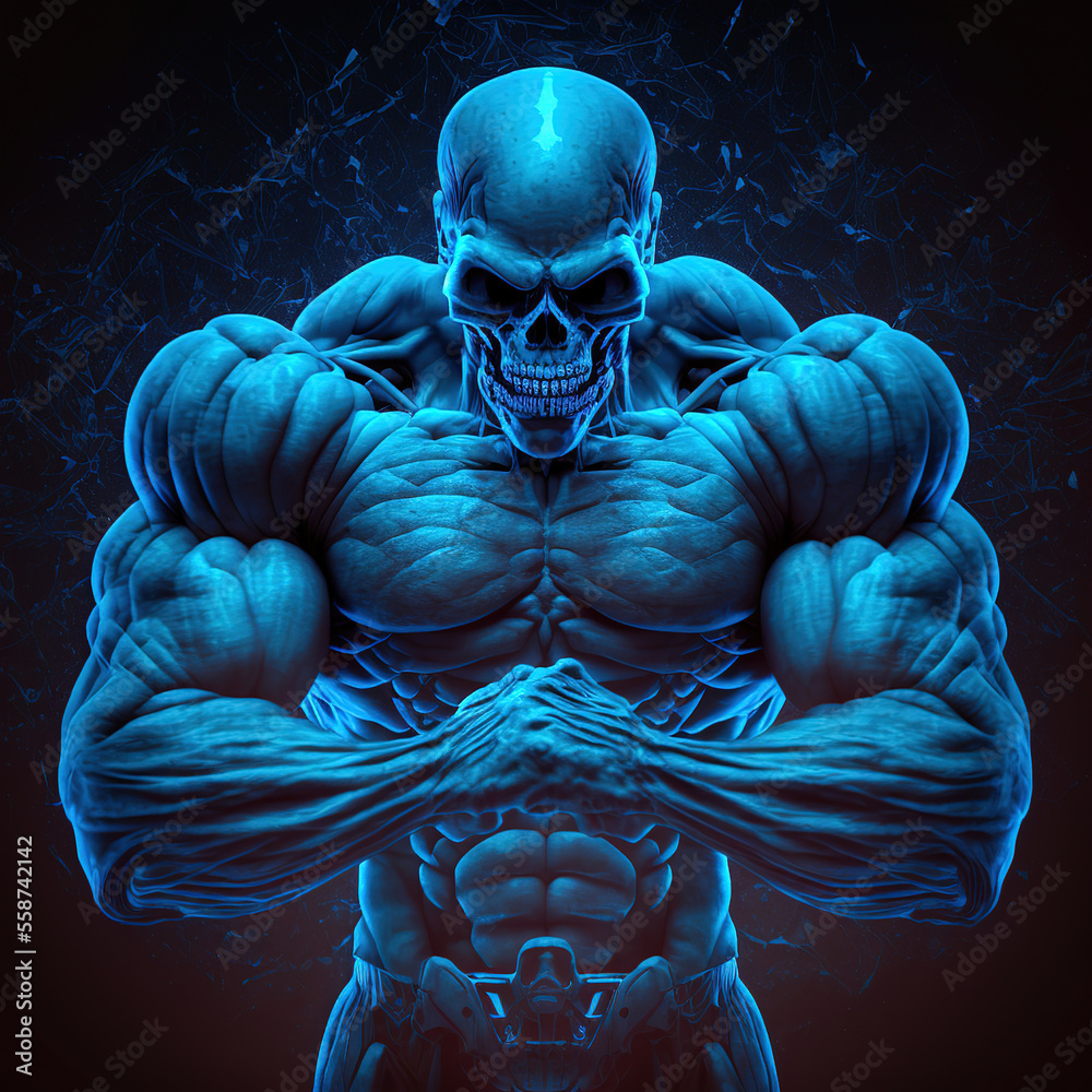 Ilustración de Stock monster with huge muscles, horror, skull ...