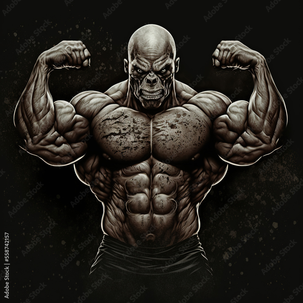 monster with huge muscles, horror, skull, character, comics, art ...