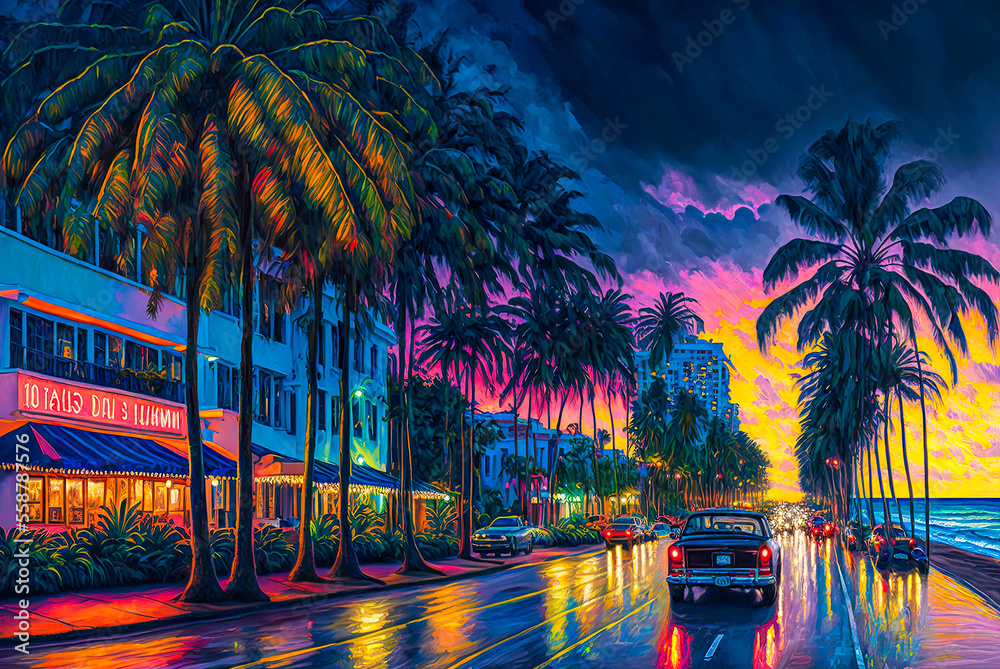 Miami, Florida, city, night, painting. Generative AI Stock Illustration ...