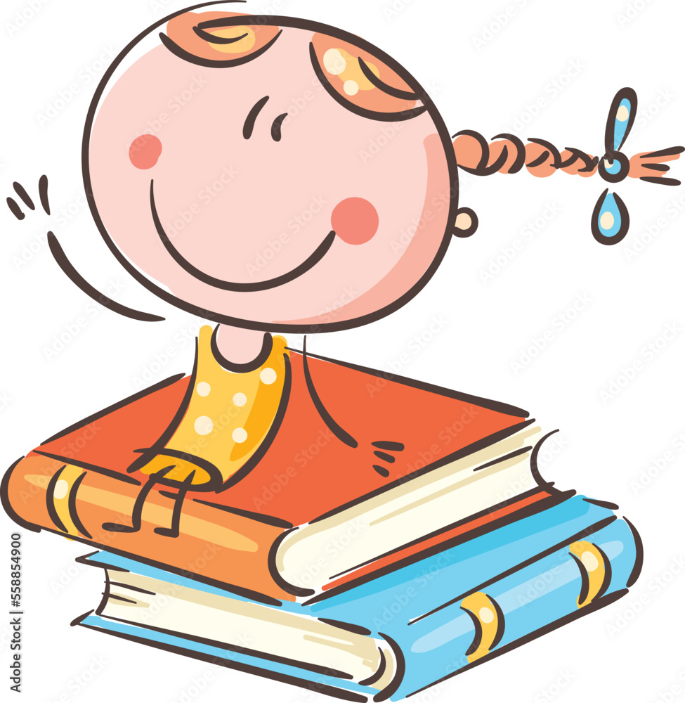 Doodle child with books. Cartoon little girl sitting on books. Vector ...