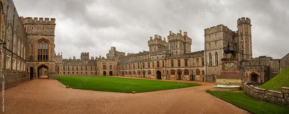 Rainy day inside Windsor Castle. Panoramic landscape showing the towers ...