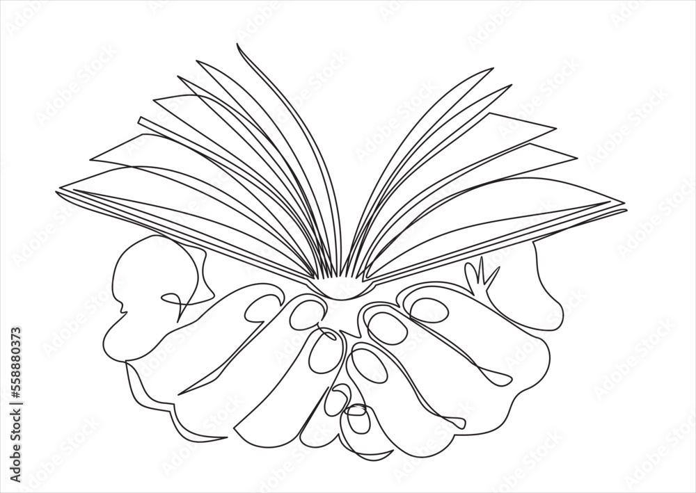 Continuous one line drawing of a hands holding open book flying pages ...
