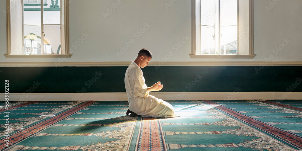 Muslim pray, hope or hands in prayer on carpet for peace, gratitude or ...