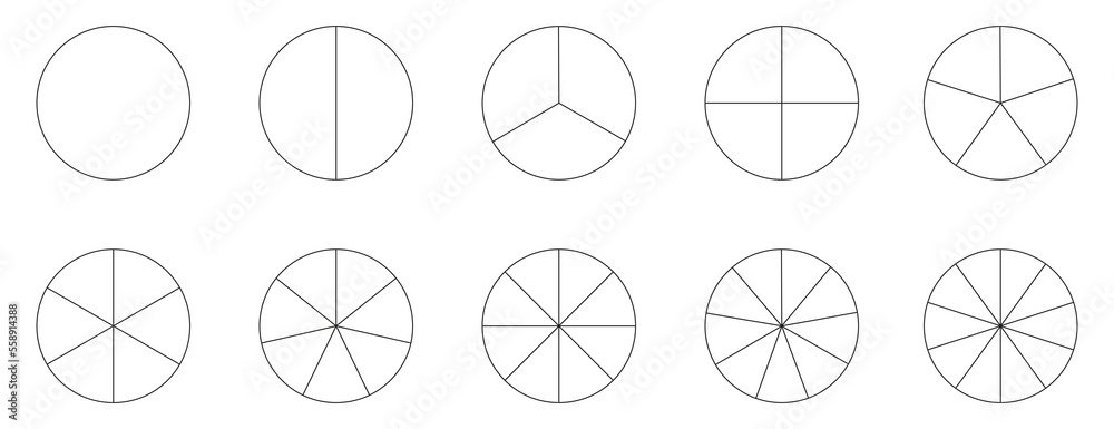 Segment slice icon. Pie chart template. Circle section graph line art. 1,2,3,4,5,6,7,8,9,10 ...