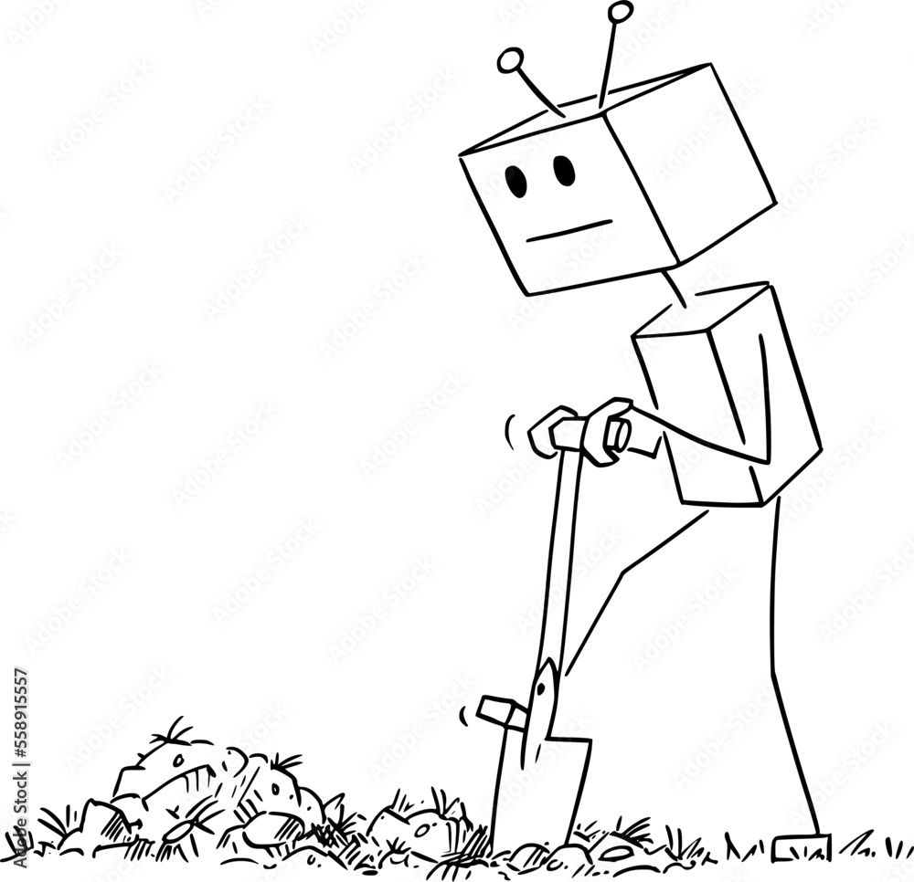 Robot Digging Hole on Garden, Vector Cartoon Stick Figure Illustration ...