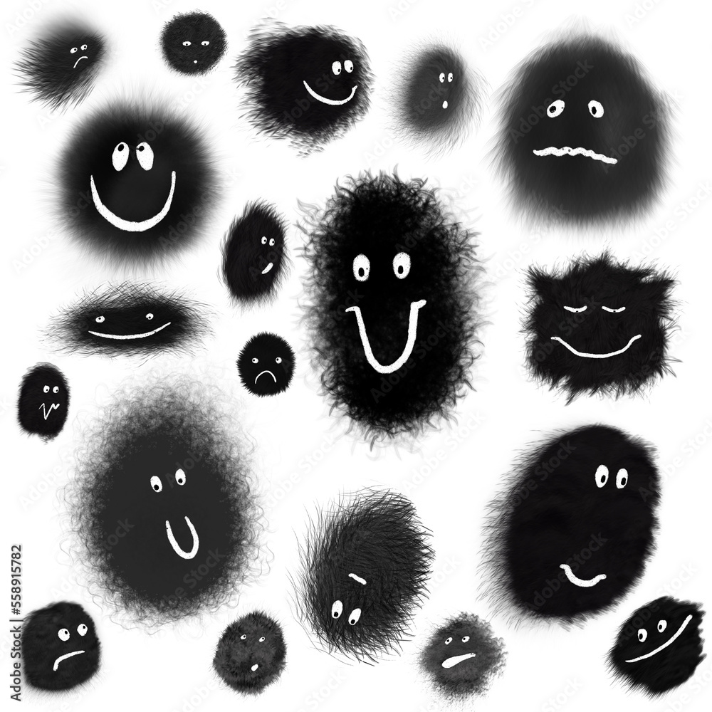Furry tadpoles with different emotions on a transparent background ...