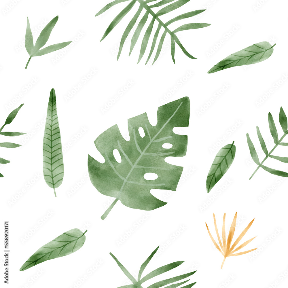 Tropical leaves pattern watercolor. Jungle leaves seamless watercolor ...