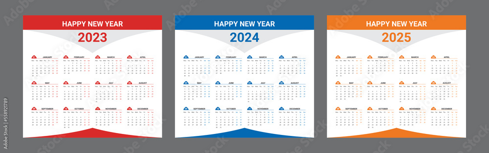 Calendar 2023, calendar 2024, 2025 week start Monday corporate set ...